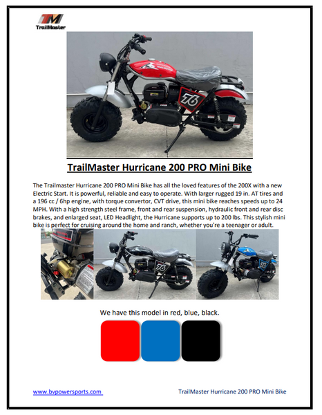 Trailmaster Mini Bike Hurricane 200 Pro, Electric start, front and rea