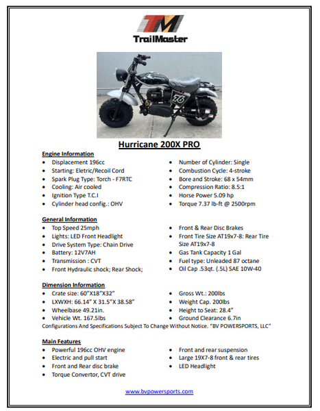 Trailmaster Mini Bike Hurricane 200 Pro, Electric start, front and rea