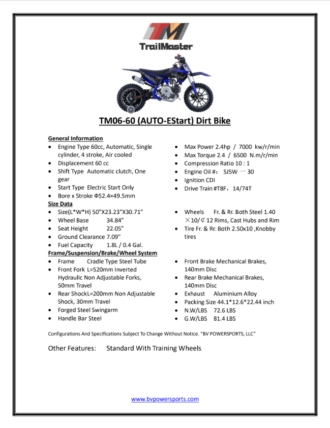 Trailmaster TM06, Kids Dirt Bike, 60cc, 4 Stroke, Removeable Training