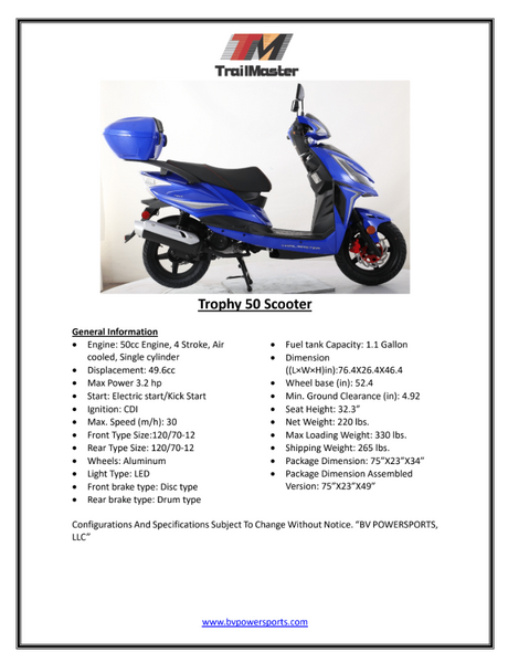 Trailmaster NEW Trophy 50, Scooter/Moped, Automatic, Electric Start, C