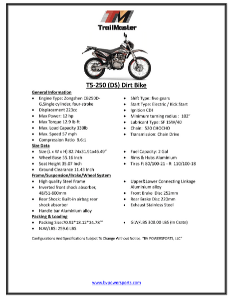 TrailMaster T5 Dirt Bike, 5 Speed Manual Trans, 223cc Engine, Digital