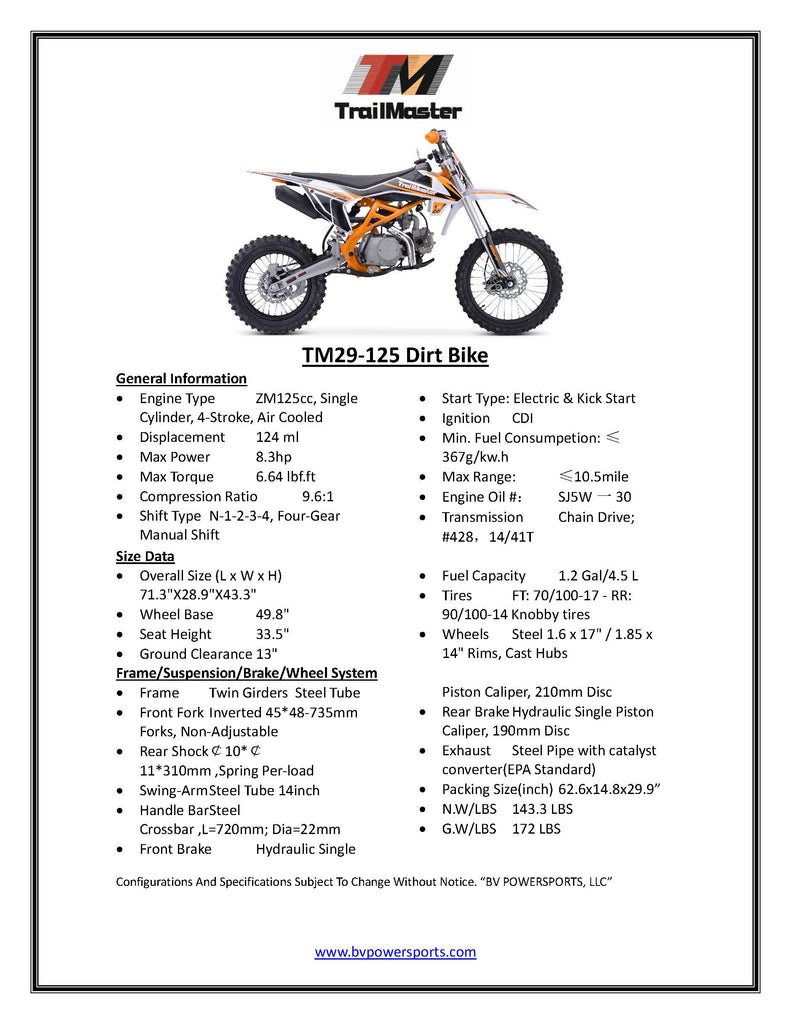 Trailmaster TM29 Dirt Bike, Electric Start, Inverted Front Forks, 17 i