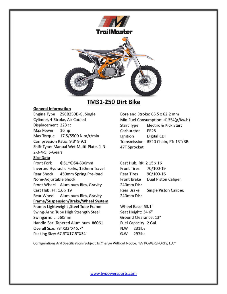 Trailmaster TM31 PRO 250, W/ Head Light. 5 speed manual, 34 inch seat