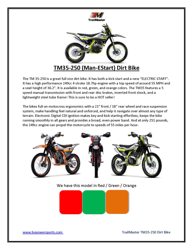 Trailmaster TM35 250cc, 5 Speed Manual, LED Head Light, 21" front tire