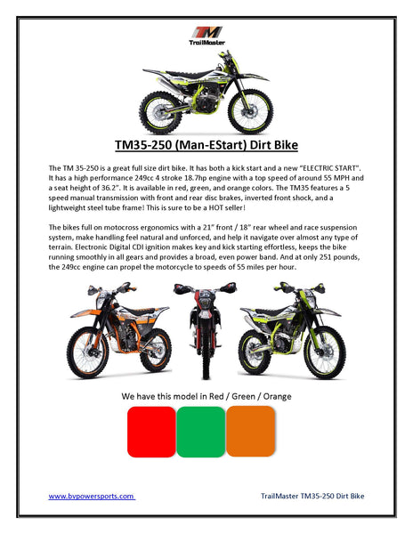 Trailmaster TM35 250cc, 5 Speed Manual, LED Head Light, 21" front tire