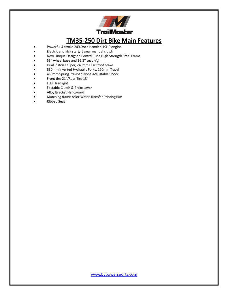 Trailmaster TM35 250cc, 5 Speed Manual, LED Head Light, 21" front tire