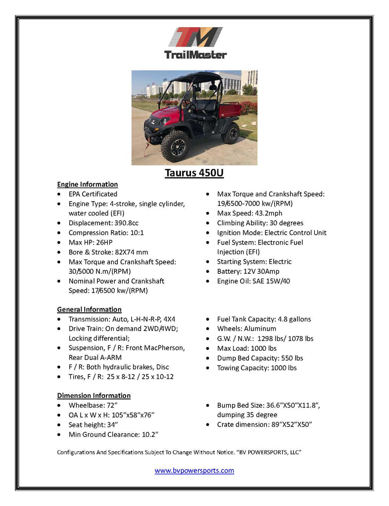 TrailMaster Taurus 450-U UTV - TrailMaster UTV | MotoBuys
