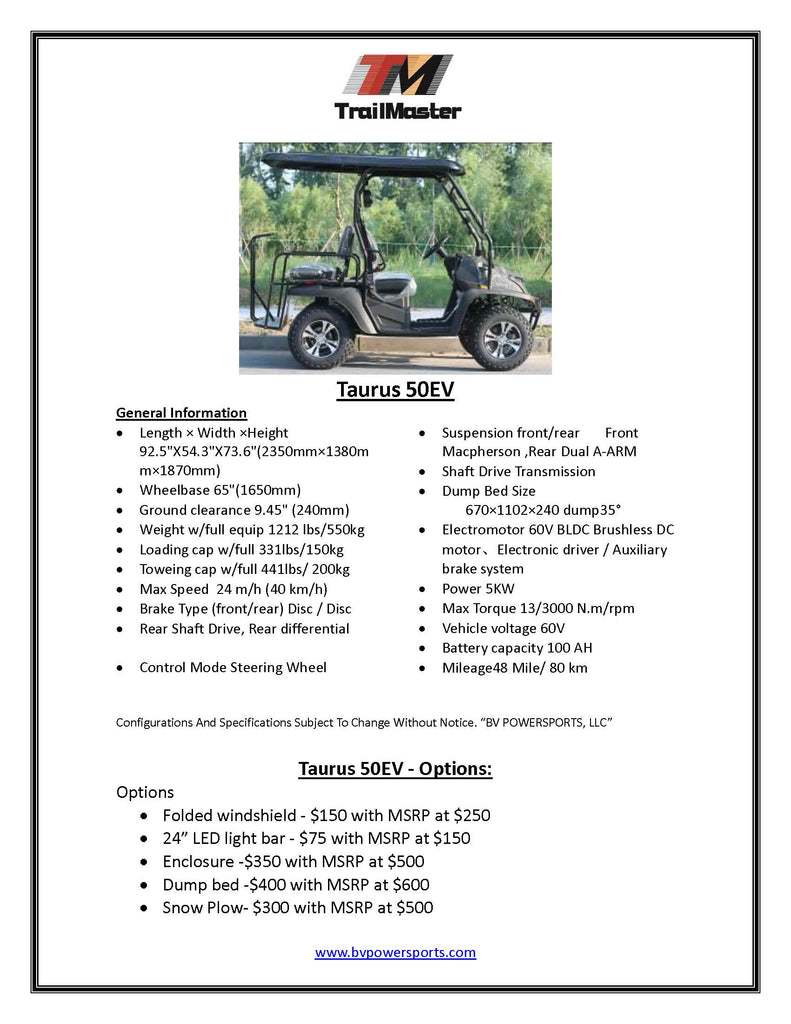 Trailmaster Taurus 50EV, 60 Volt, 4 Seats, rear cargo area, Brushless